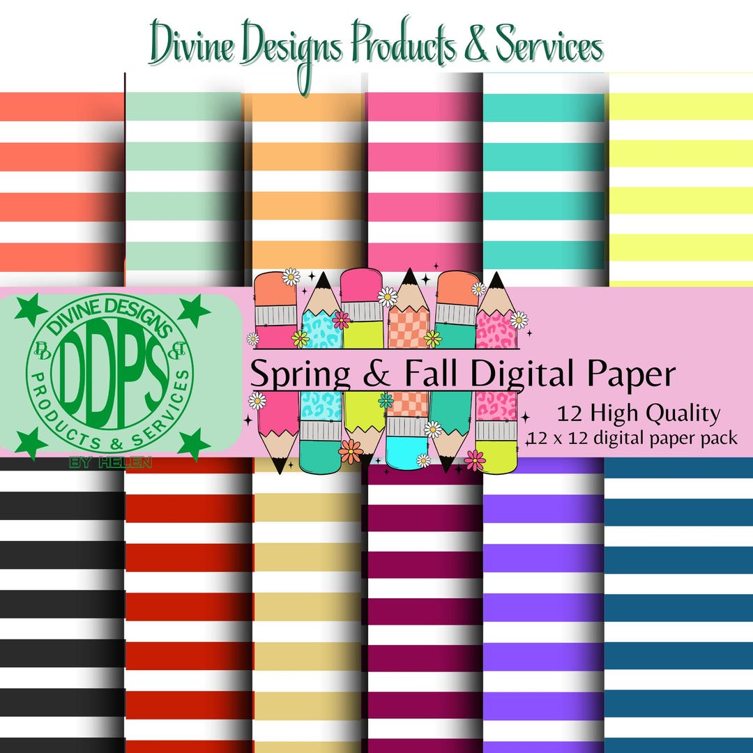 Striped Digital Paper Pack: Colorful Scrapbooking Backgrounds (12x12 ...