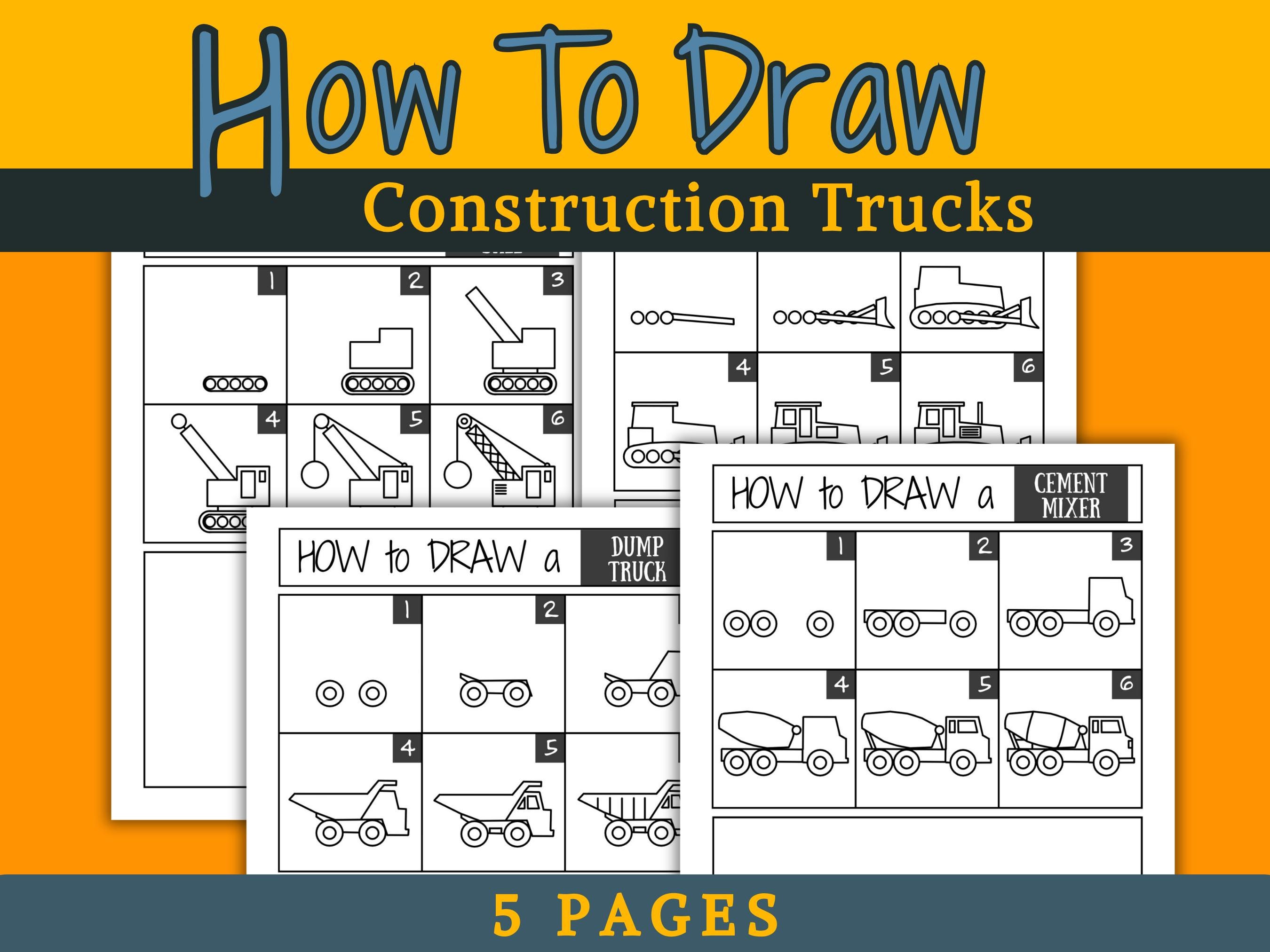 How to Draw Construction Trucks Worksheets. Step by Step Kids Drawing ...