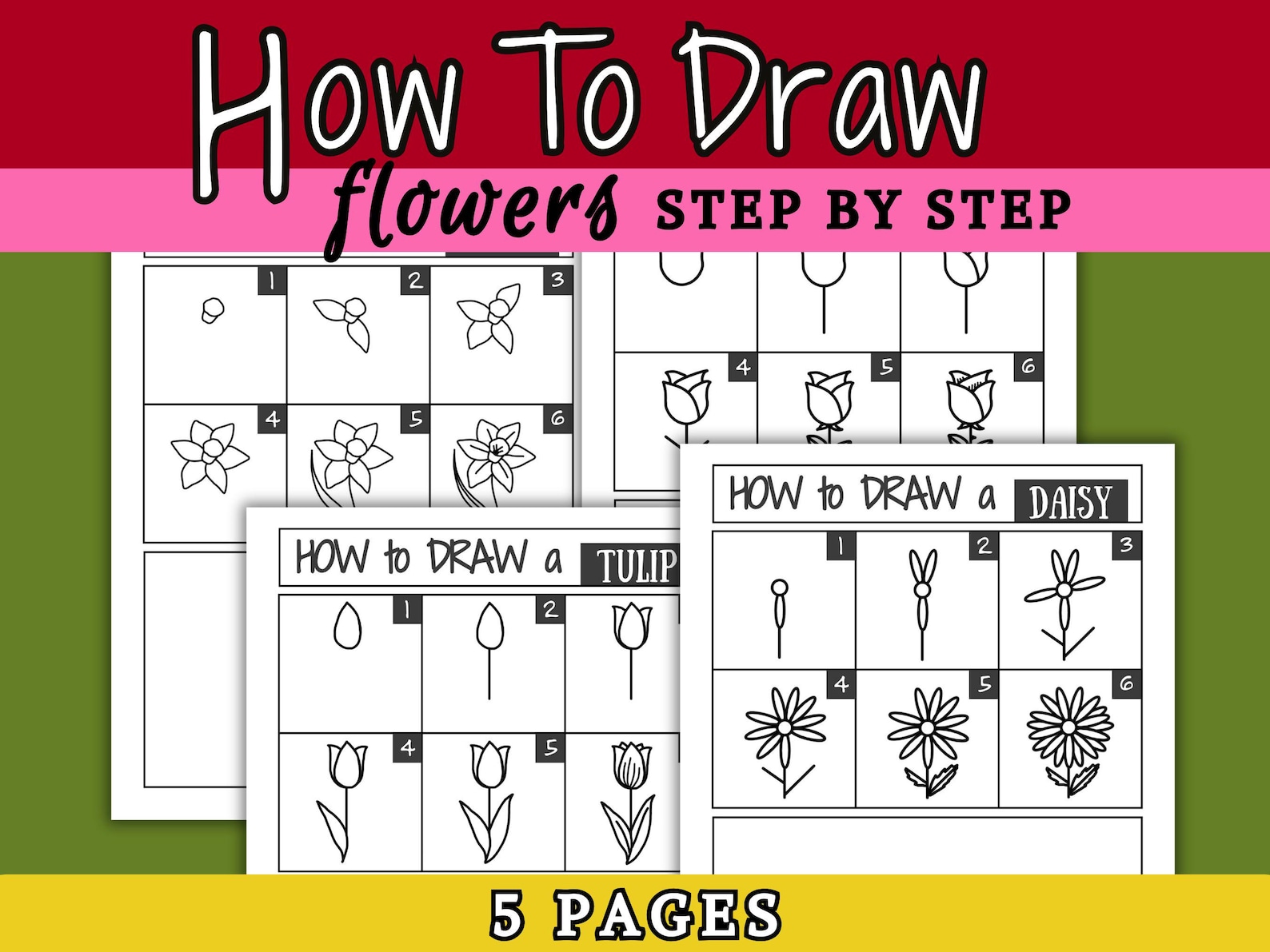 How to Draw Flowers Worksheets. Step by Step Kids Drawing. Trace a Rose ...