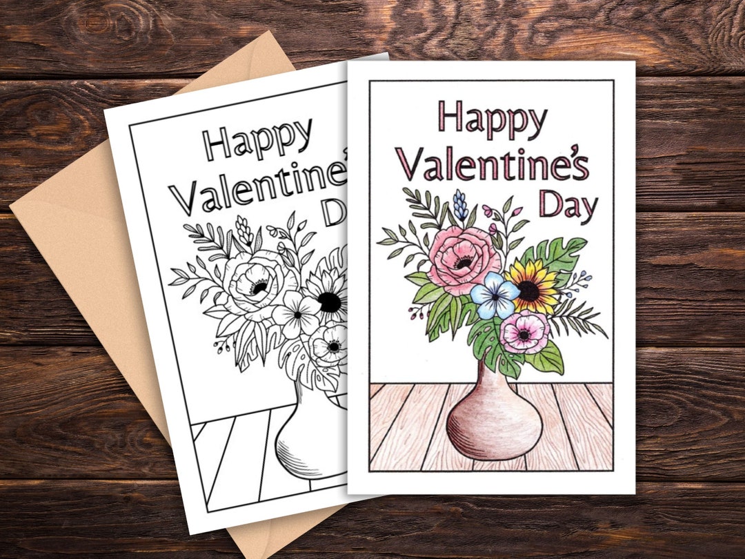 Printable Valentine's Day Coloring Card for Adults and Kids, Card for ...
