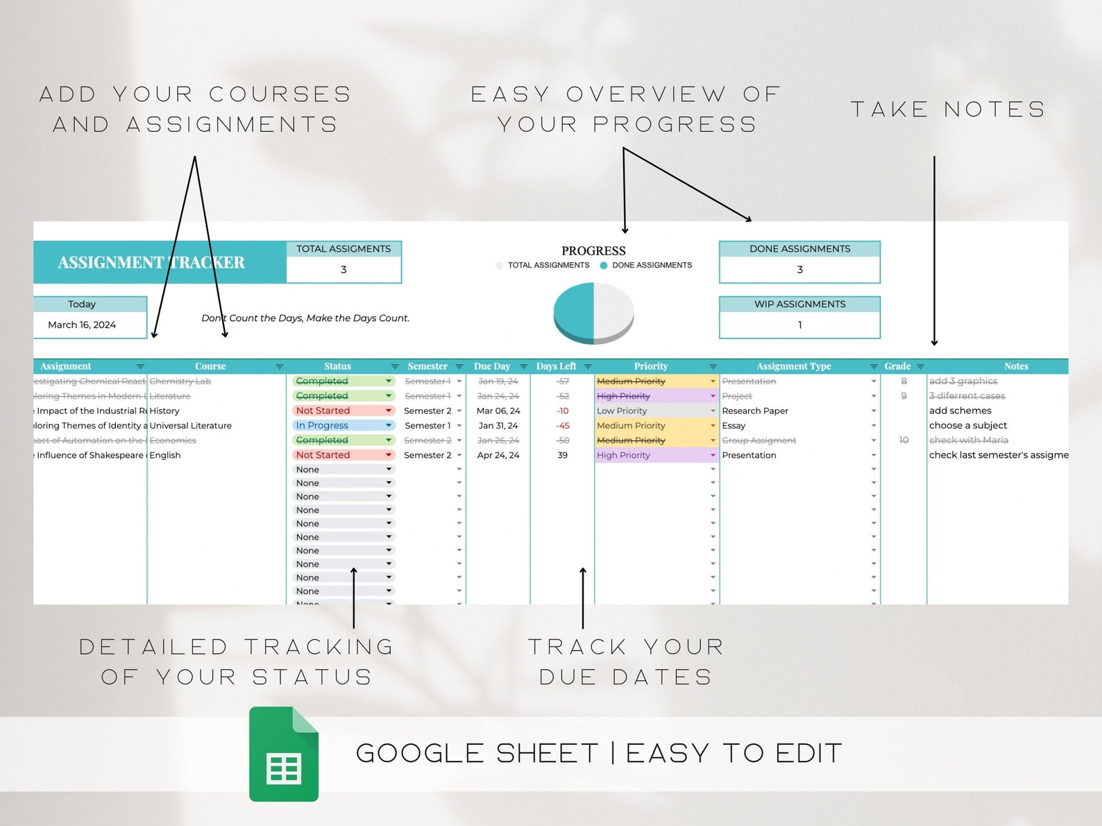 Assignment Tracker | Student Exam Planner | Semester Yearly Journal ...