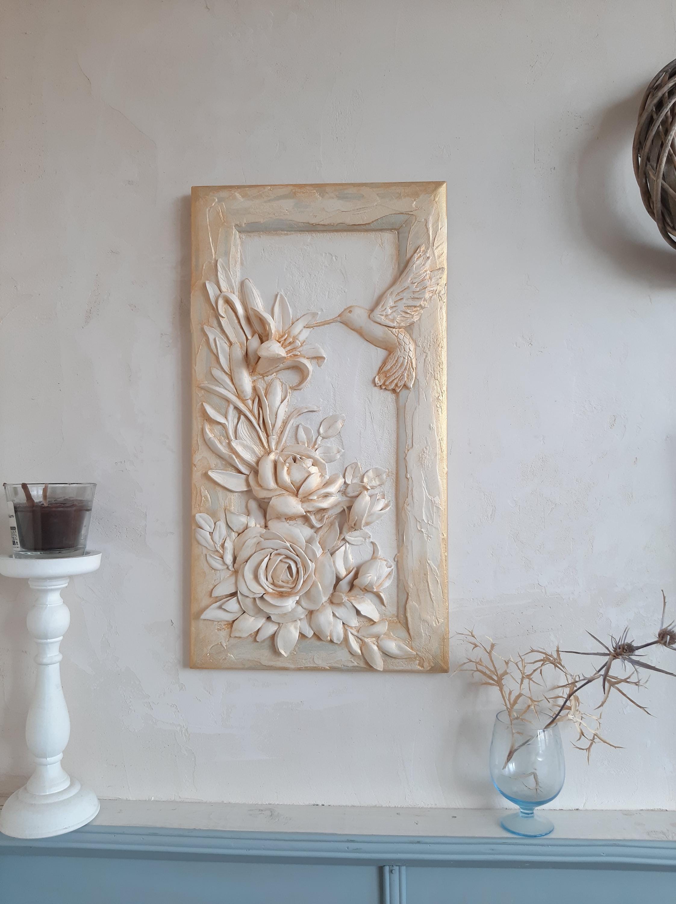 Plaster Painting Bird and Lily, 3d Flower Wall Art, 3d Rose Artwork ...