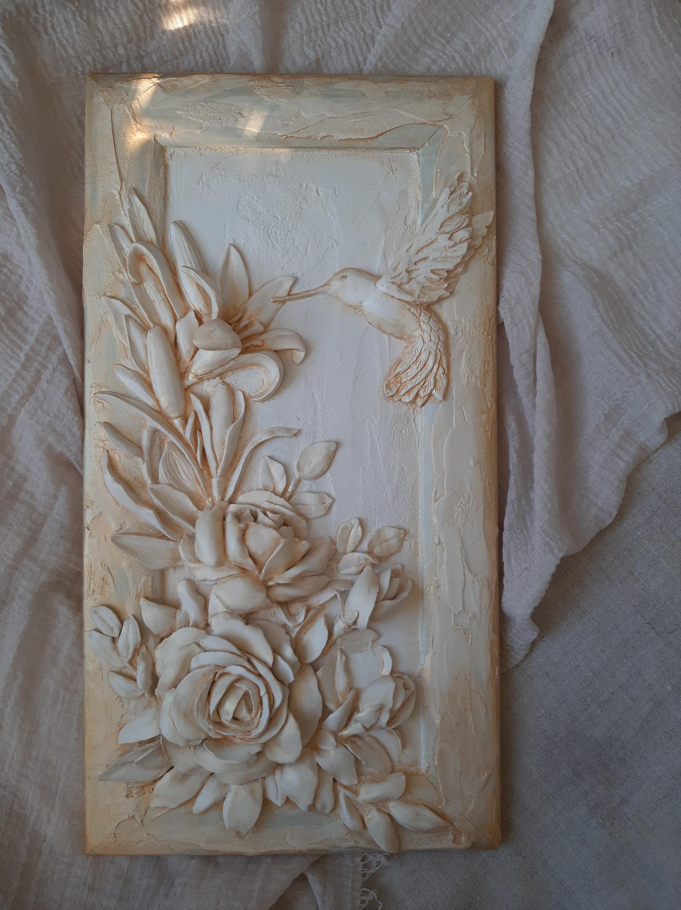 Plaster Painting Bird and Lily, 3d Flower Wall Art, 3d Rose Artwork ...