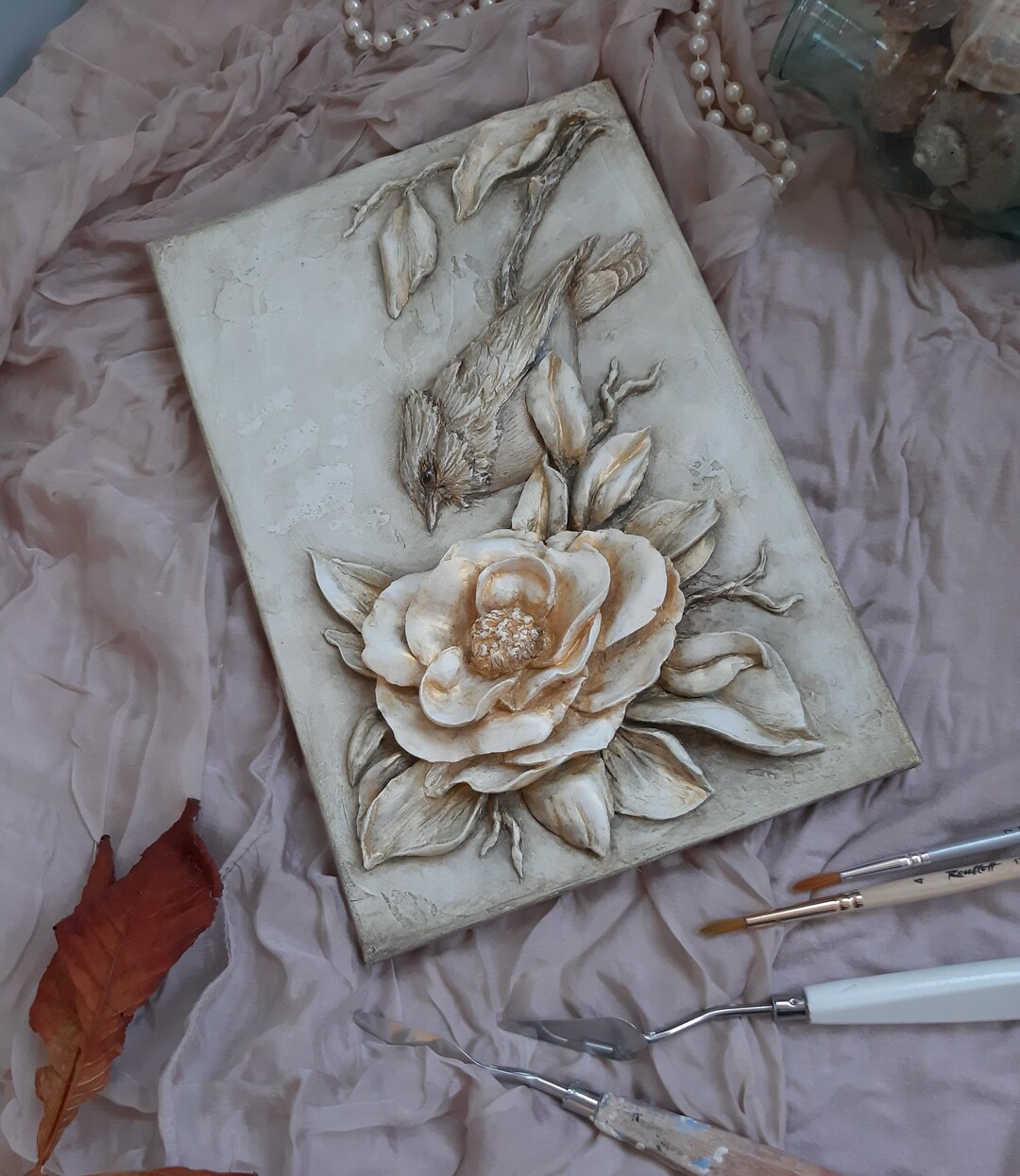 Plaster Painting Bird and Camellia, 3d Flower Wall Art, 3d Camellia ...