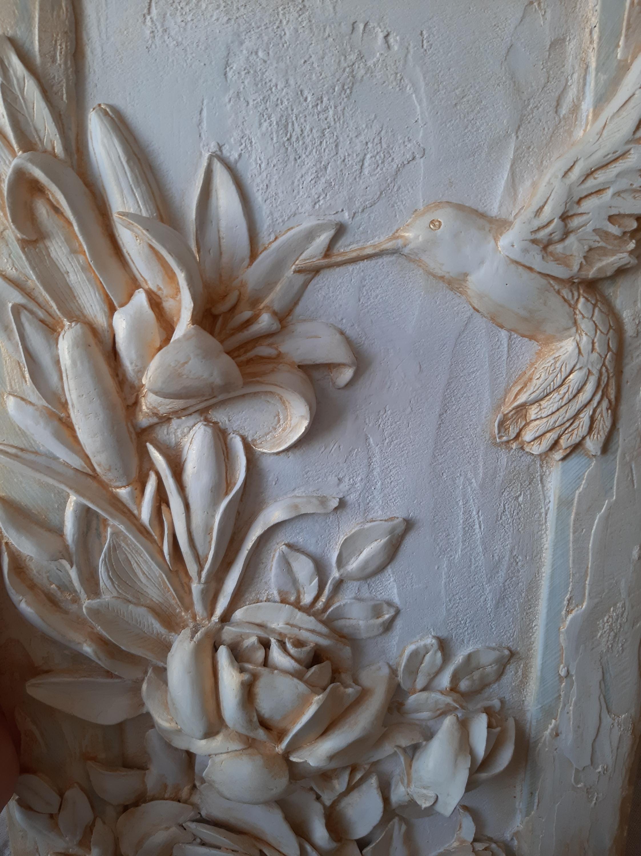 Plaster Painting Bird and Lily, 3d Flower Wall Art, 3d Rose Artwork ...