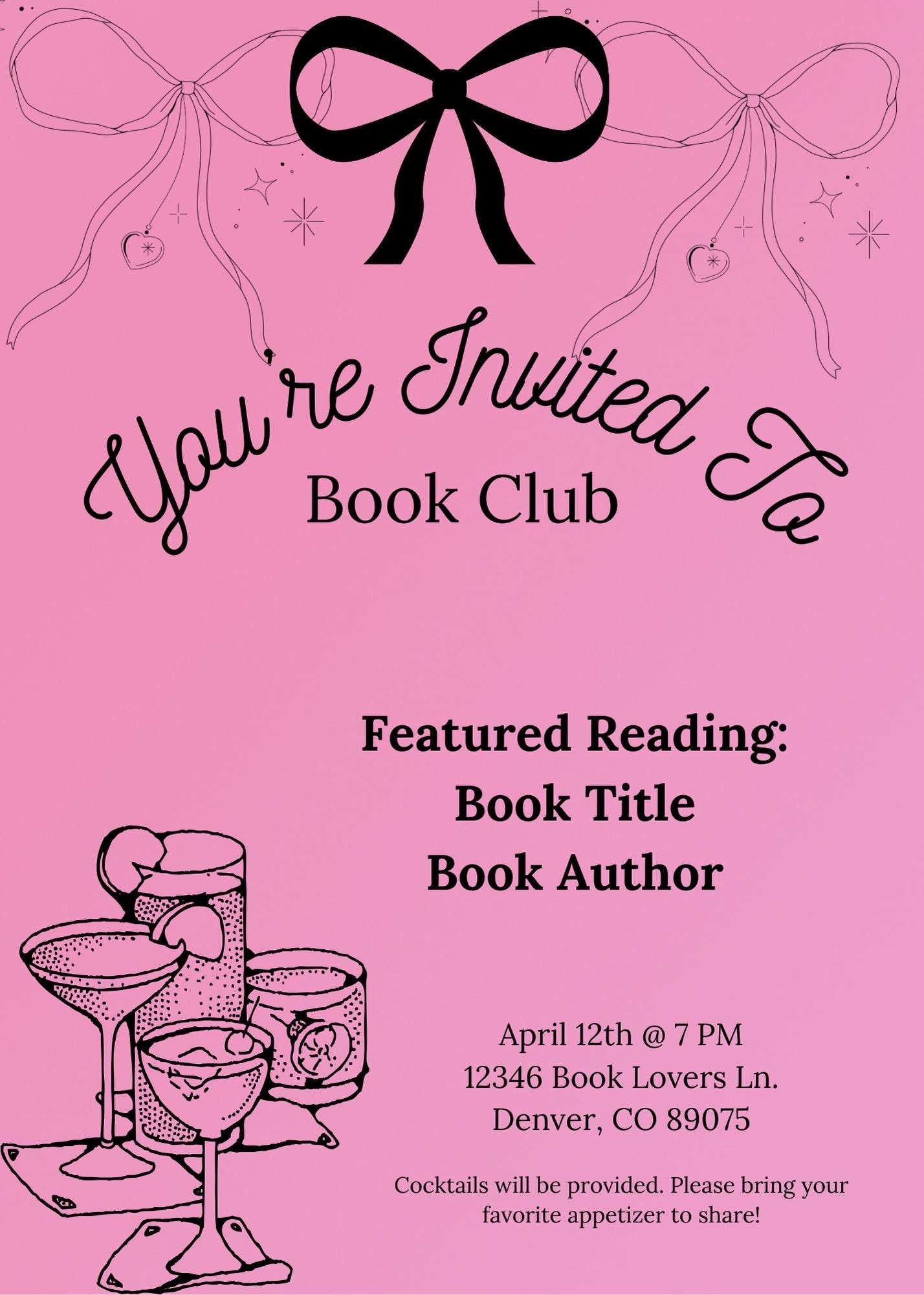Pink Girly Book Club Invitation Template With Bows - Etsy