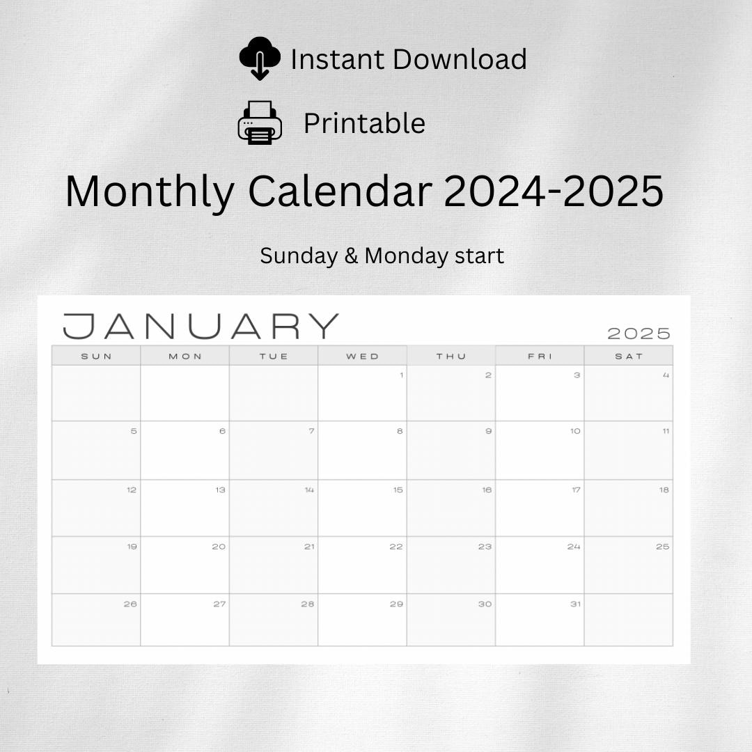 Monthly Calendar 2024-2025 | Printable Monthly Calendar | Sunday ...