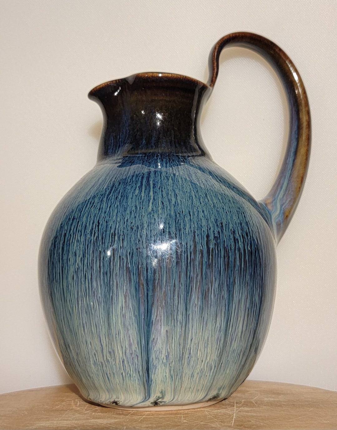 Vintage Bill Campbell Art Pottery Pitcher/jug Blue Striations Drip ...