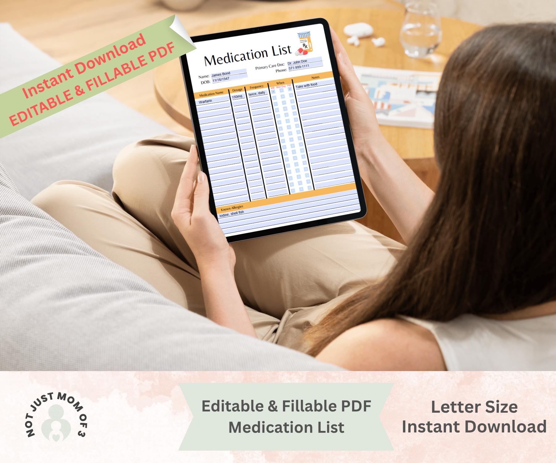 Fillable Medication List: Digital Organizer & Tracker (editable PDF) - Etsy