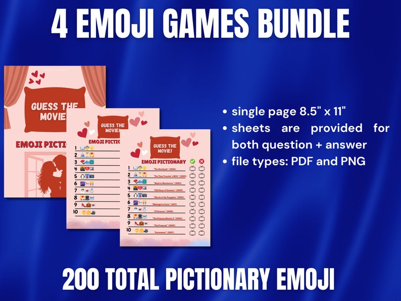 Emoji Pictionary Games Bundle: Movies & Songs, Printable Party Quiz ...