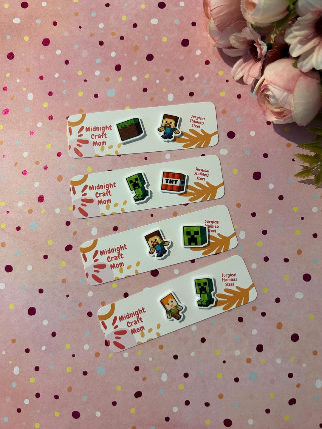 Handmade Minecraft Steve Alex Creeper TNT Surgical Grade Studs Earrings ...