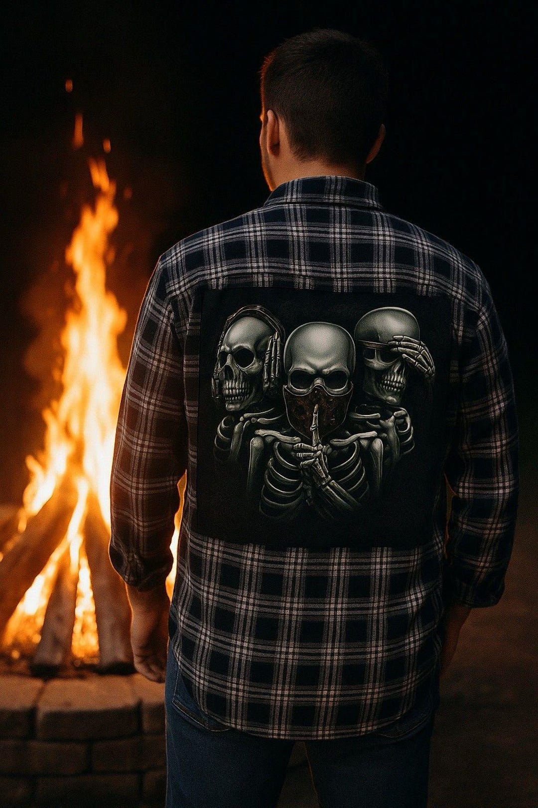 UPCYCLED Y2K Hear See Speak No Evil Skulls Black Flannel Shirt Grunge ...