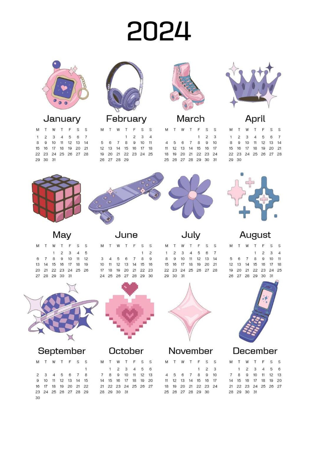 2024 Calendar Pink and Purple Theme Pages Digital Printable A4 - Etsy