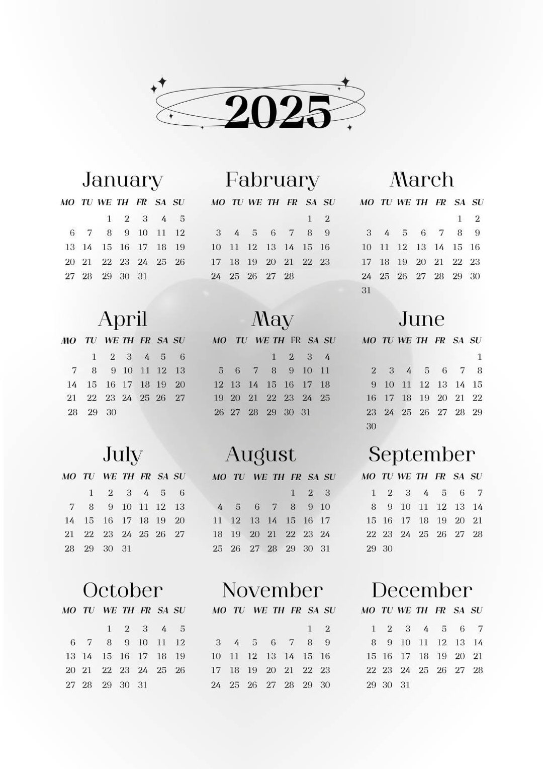 2025 Minimal Calendar Black and White Heart Theme Digital Print A4 ...
