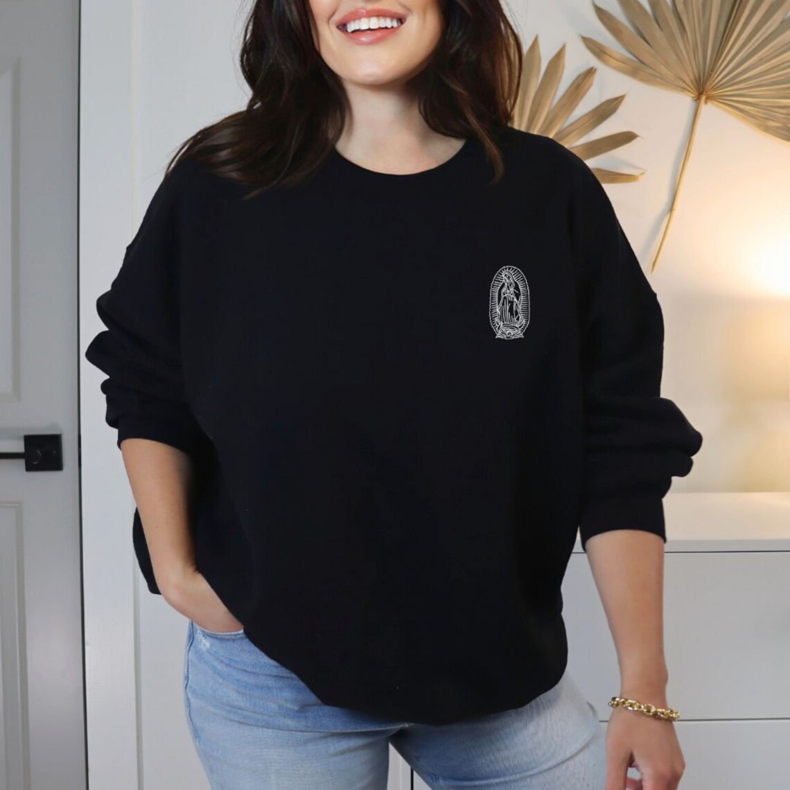 La Virgen De Guadalupe Crew Neck Sweater - Embroidered Catholic Icon ...