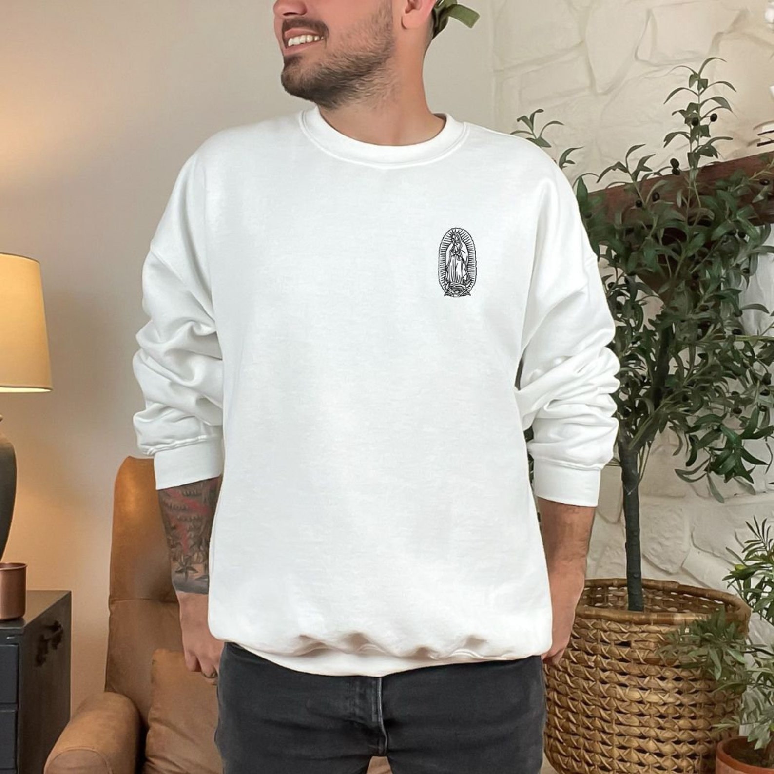 La Virgen De Guadalupe Crew Neck Sweater - Embroidered Catholic Icon ...