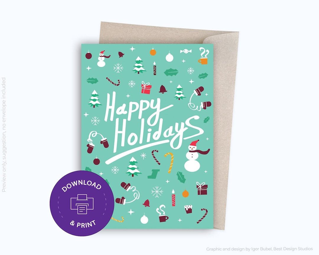 Christmas Printable Unique Card, Happy Holidays Green Card, Illustrated, Seasons Special ...