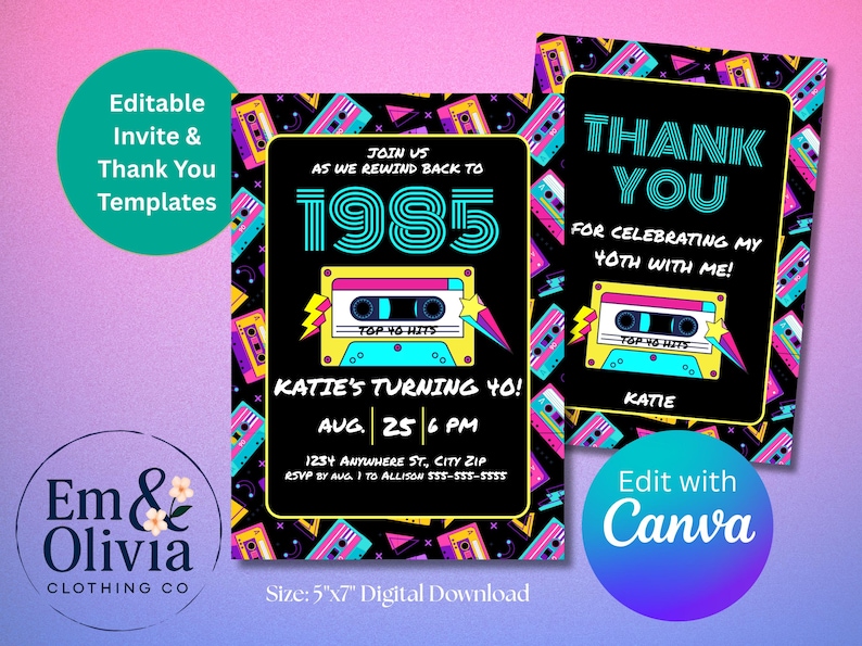 Retro 80s Birthday Party Invitation, Editable 40th Birthday Invite ...