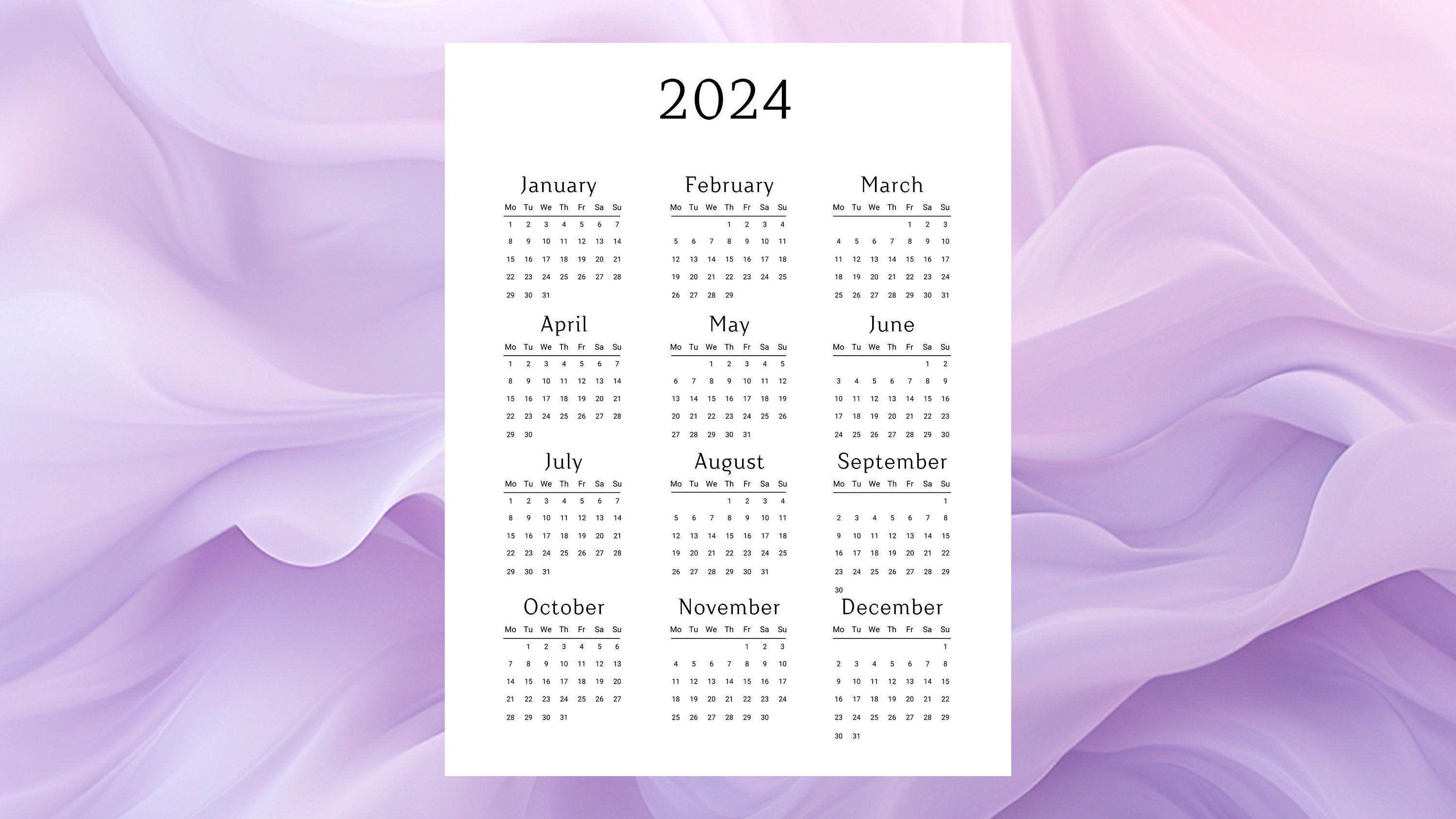 Printable Calendar 2024 Monthly Planner 2024 A4, Letter, A3 Calendar ...