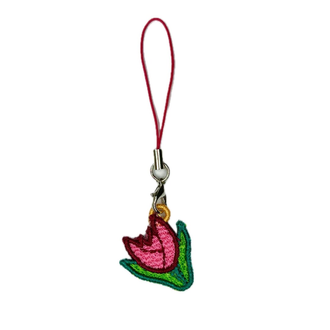 Embroidered Pink Tulip Charm: Spring Flower, Handmade Phone Accessory ...