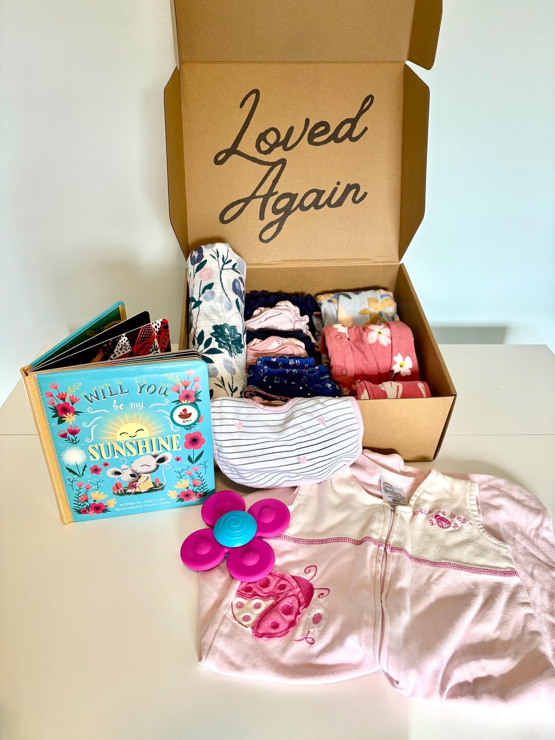 Curated Second Hand Baby Girl Gift Box: Flower Muslin Blanket & Clothes ...