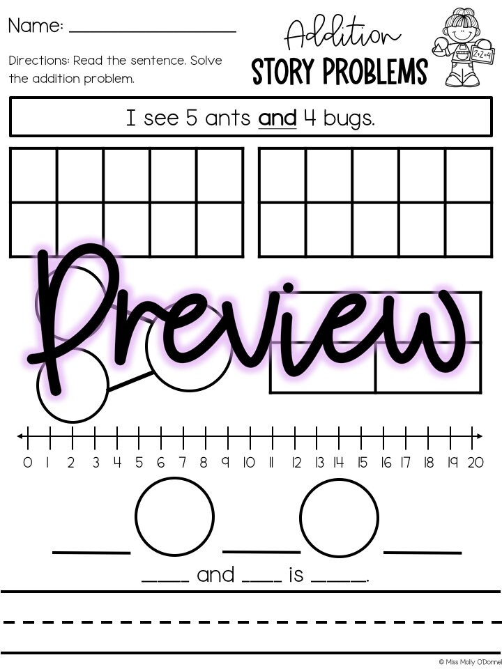 Decodable Kindergarten Addition Word Problems to 10 and to 20, CVC CVCE ...