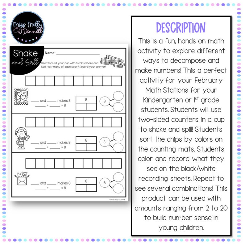 Kindergarten February Shake and Spill, Valentines Day Number Sense Math ...