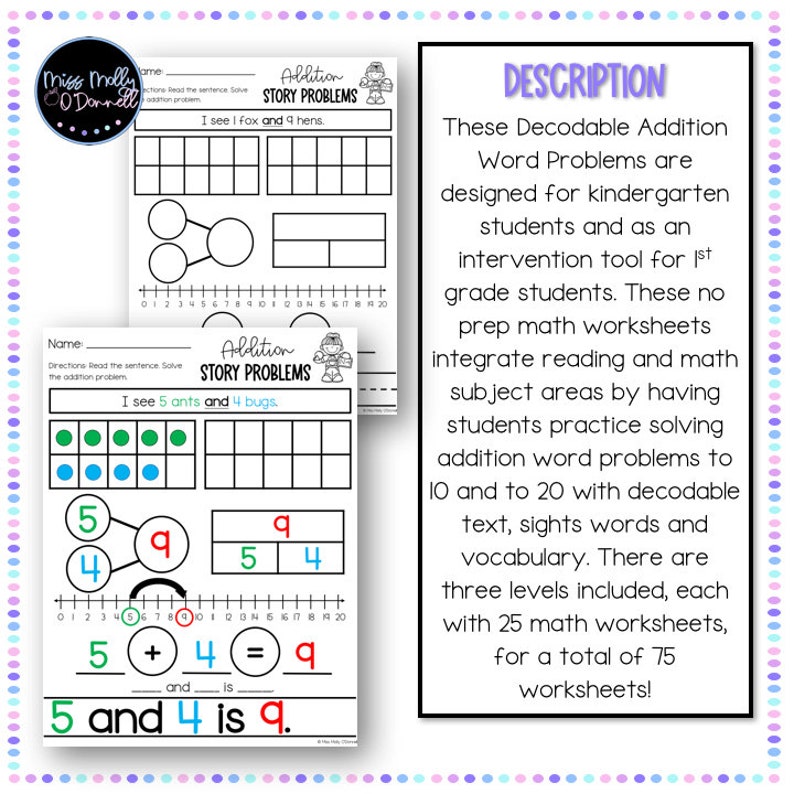 Decodable Kindergarten Addition Word Problems to 10 and to 20, CVC CVCE ...