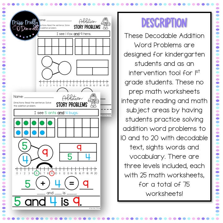 Decodable Kindergarten Addition Word Problems to 10 and to 20, CVC CVCE ...