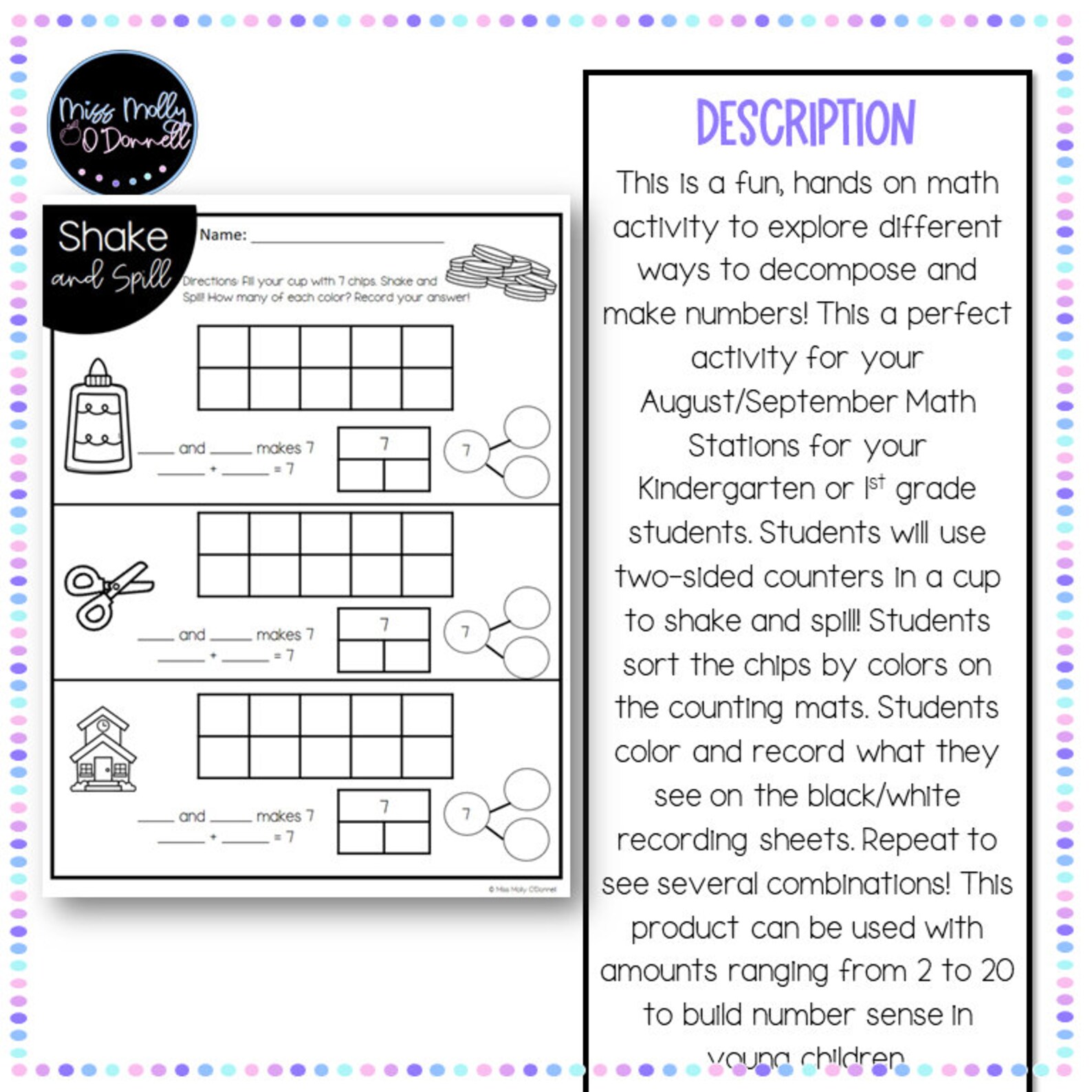 Kindergarten August Shake and Spill Worksheets, Back to School Number ...