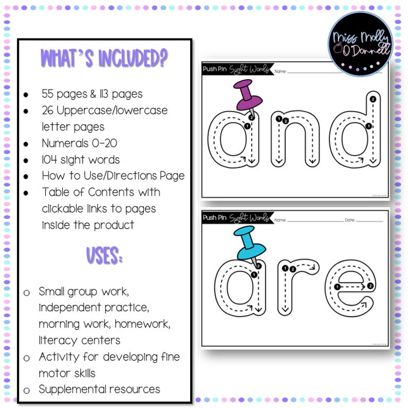 Fine Motor Push Pin BUNDLE, Sight Words, Fine Motor Skill Worksheet ...
