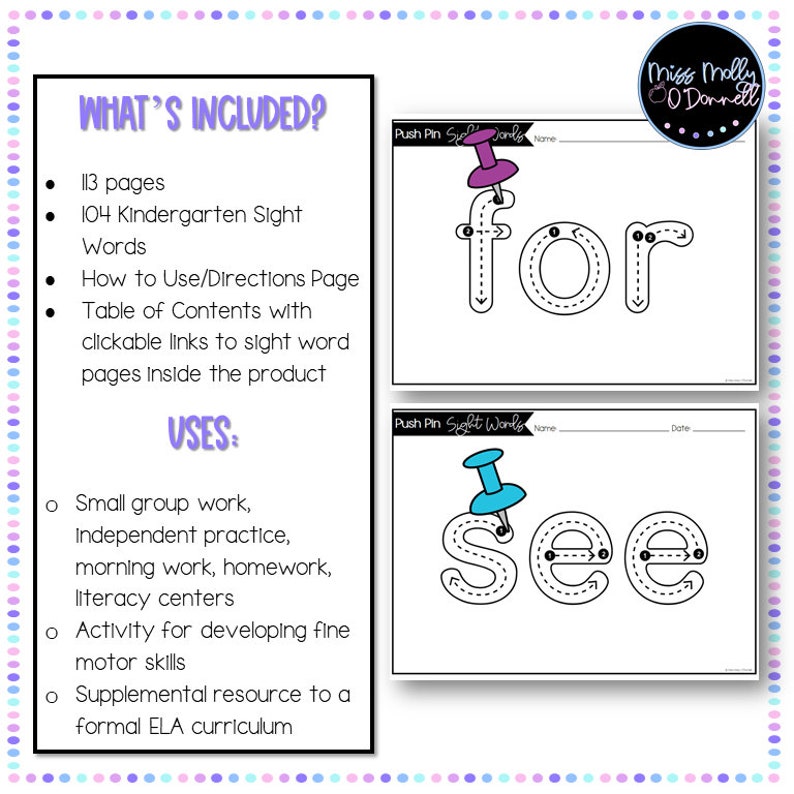 Kindergarten Fine Motor Worksheet 1st Grade Push Pin Sight Word Tracing ...