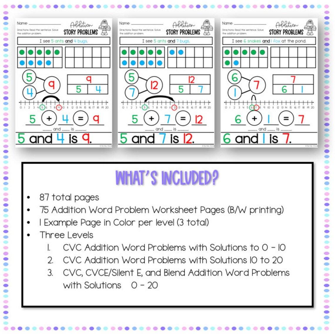 Decodable Kindergarten Addition Word Problems to 10 and to 20, CVC CVCE ...
