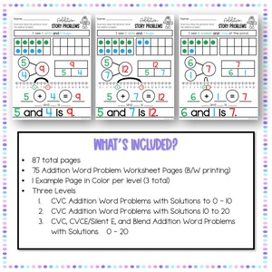 Decodable Kindergarten Addition Word Problems to 10 and to 20, CVC CVCE ...