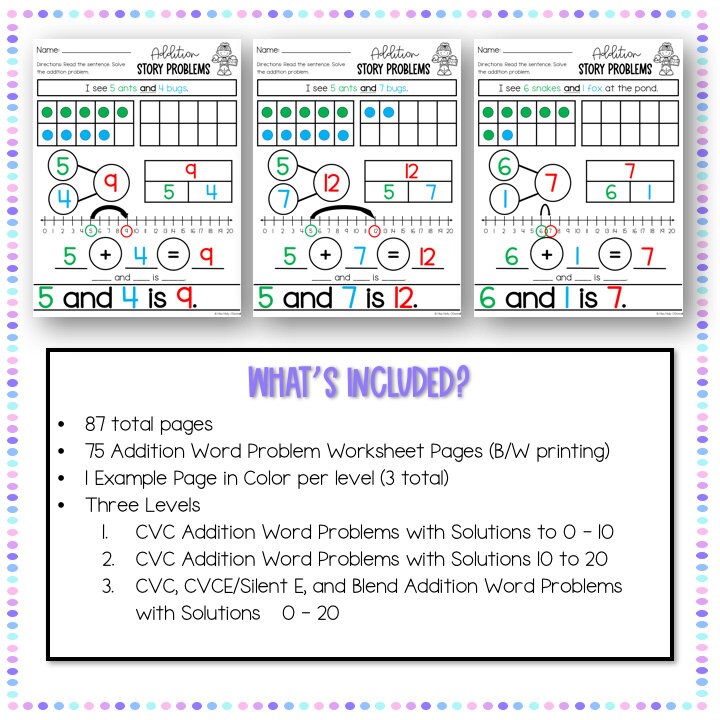 Decodable Kindergarten Addition Word Problems to 10 and to 20, CVC CVCE ...
