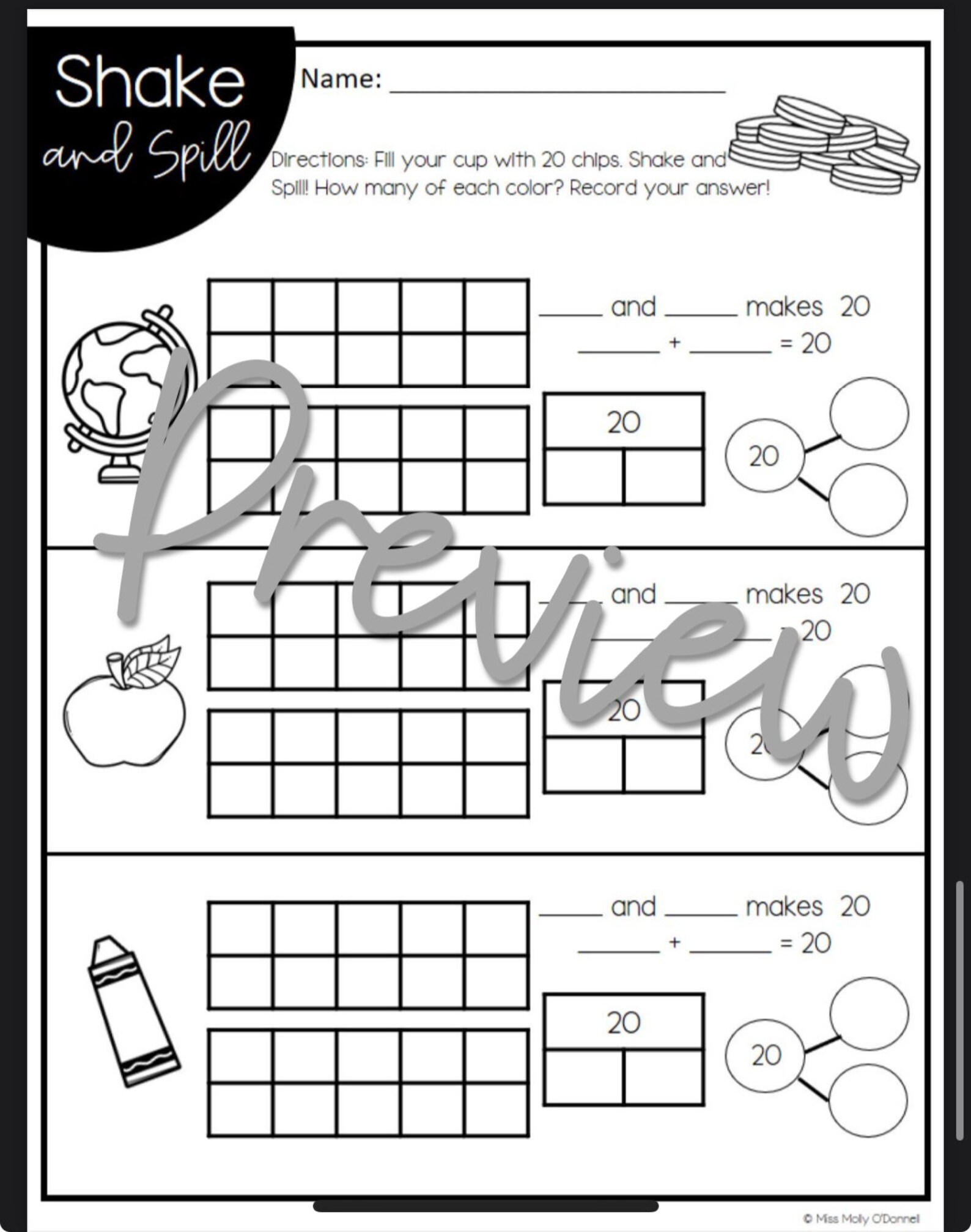 Kindergarten August Shake and Spill Worksheets, Back to School Number ...