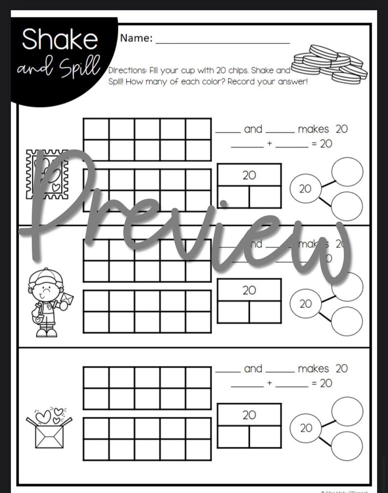 Kindergarten February Shake and Spill, Valentines Day Number Sense Math ...