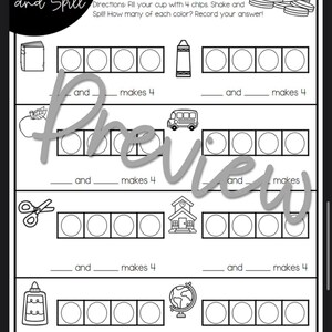 Kindergarten August Shake and Spill Worksheets, Back to School Number ...