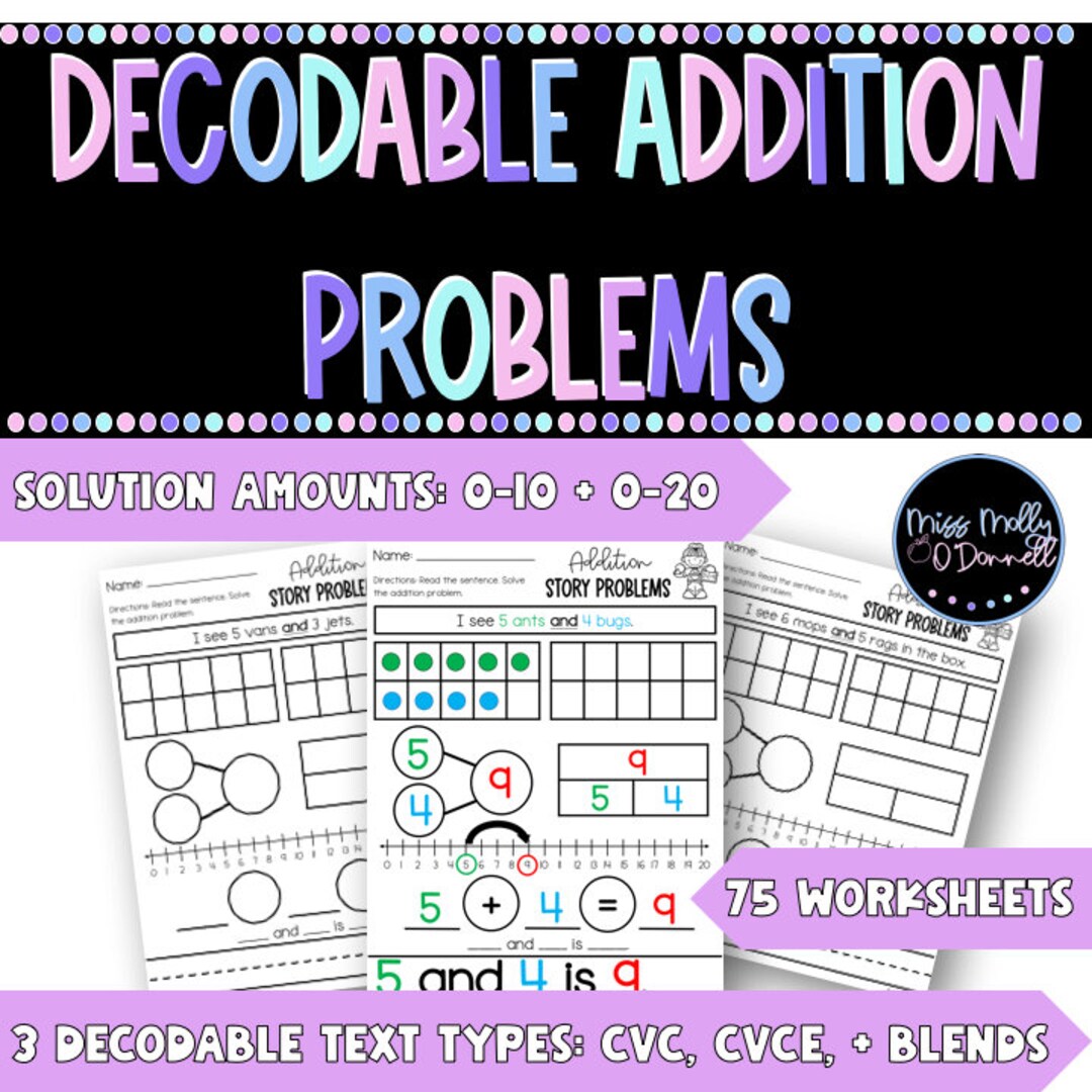 Decodable Kindergarten Addition Word Problems to 10 and to 20, CVC CVCE ...