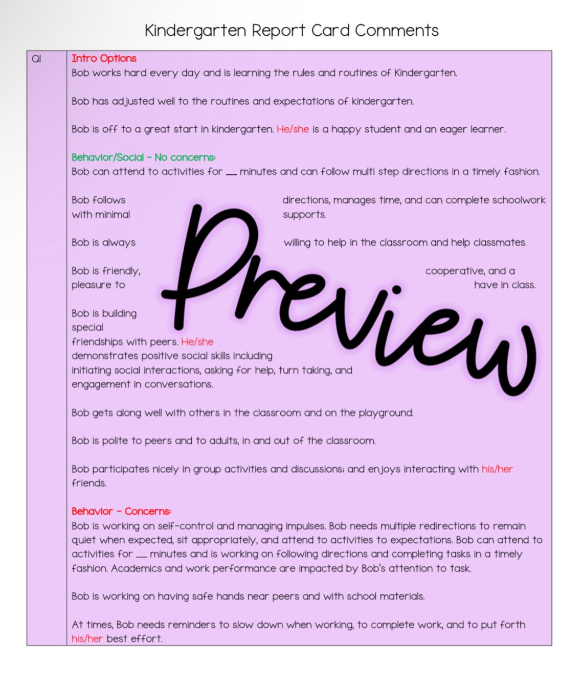 Editable Kindergarten Report Card Comments, Report Card Template, Home ...