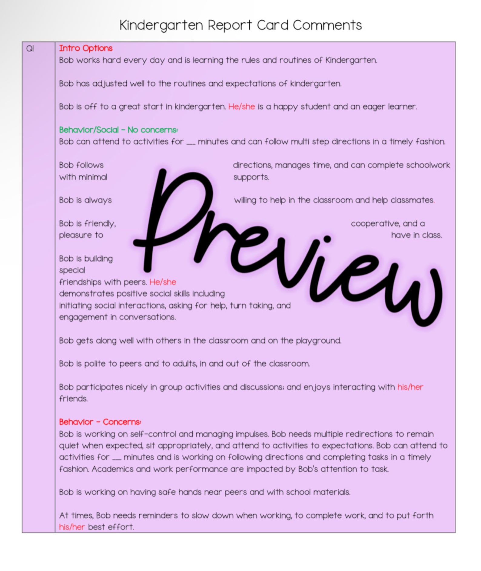 Editable Kindergarten Report Card Comments, Report Card Template, Home ...