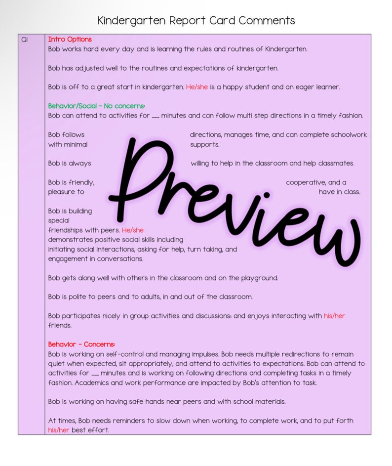 Editable Kindergarten Report Card Comments, Report Card Template, Home ...