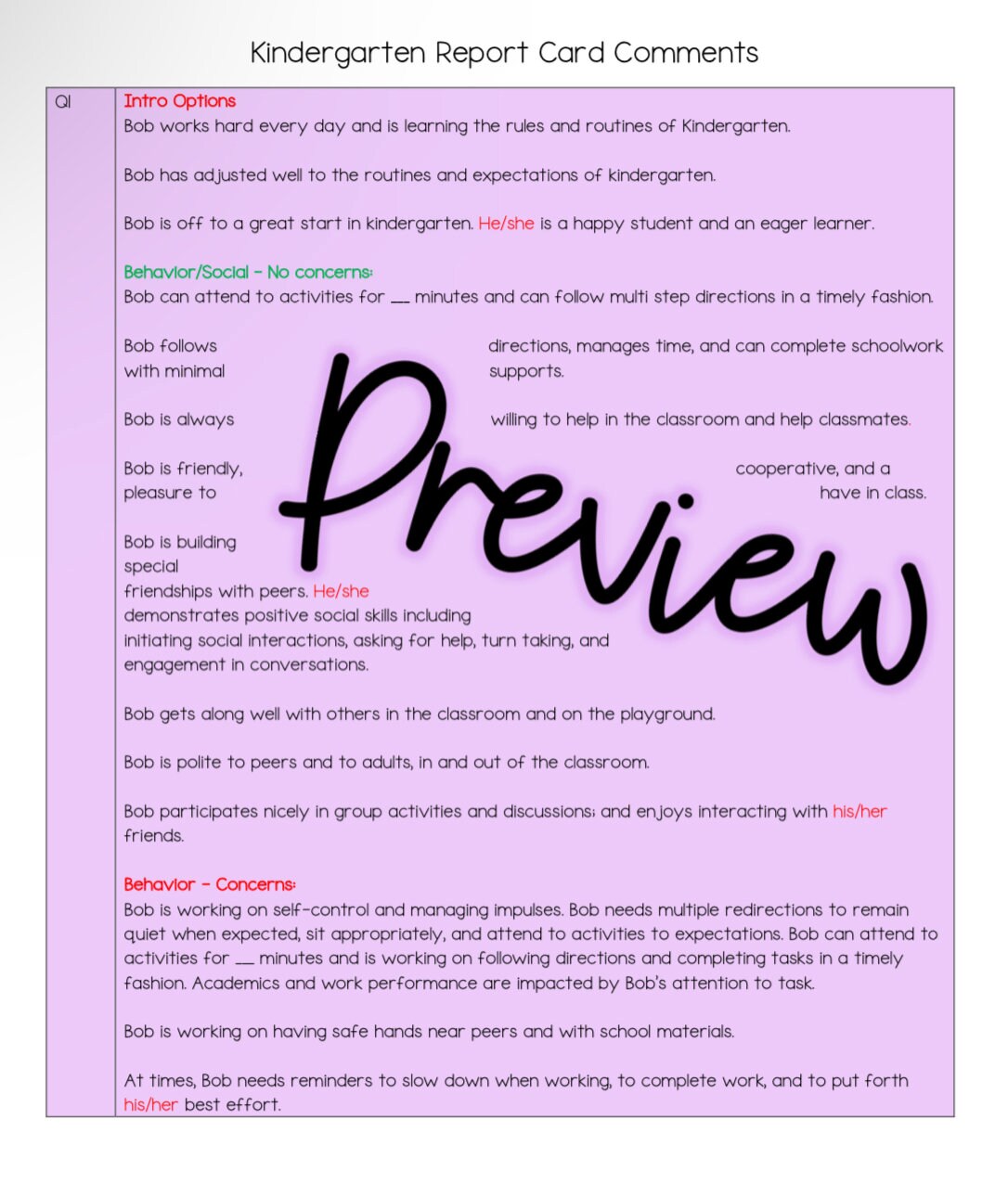 Editable Kindergarten Report Card Comments, Report Card Template, Home ...