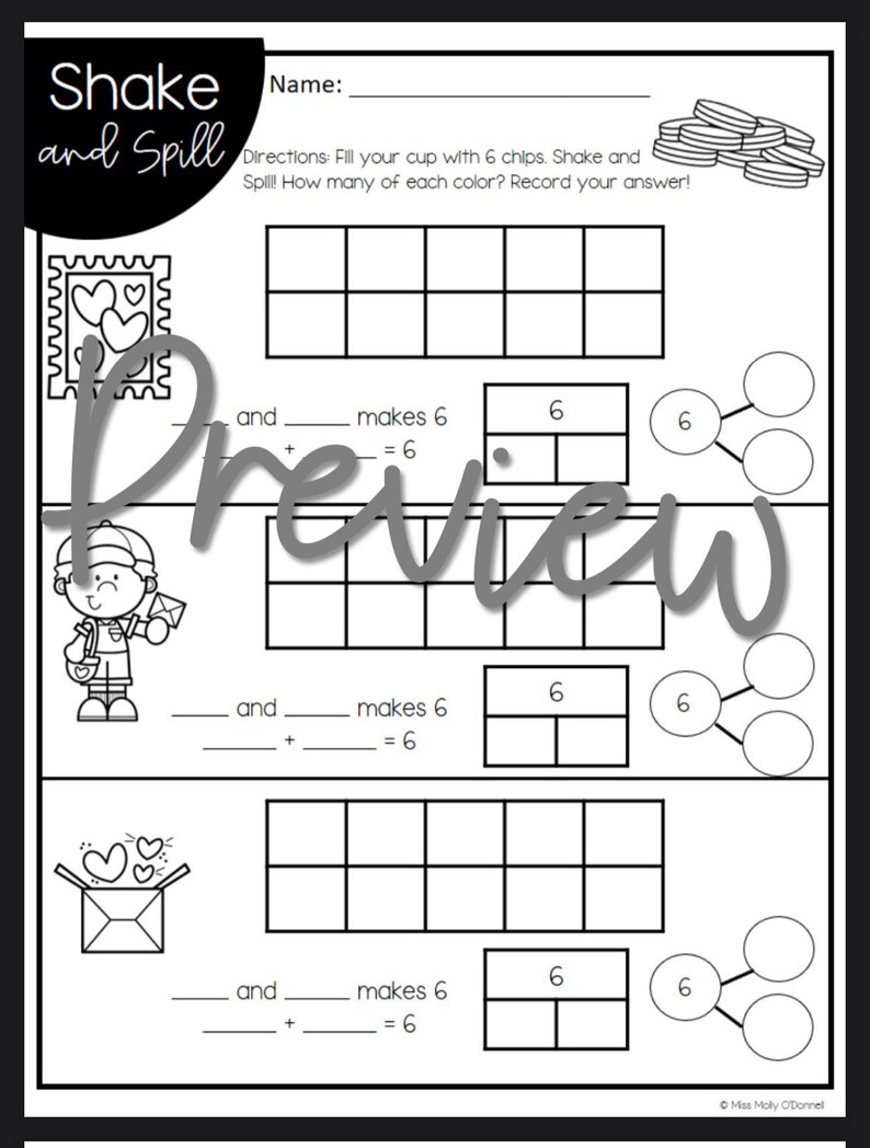 Kindergarten February Shake and Spill, Valentines Day Number Sense Math ...