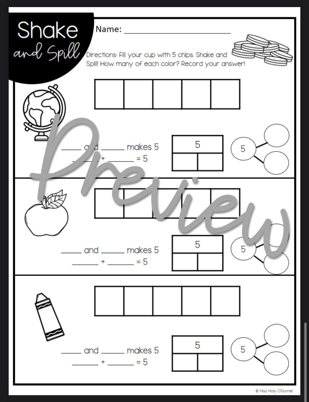 Kindergarten August Shake and Spill Worksheets, Back to School Number ...