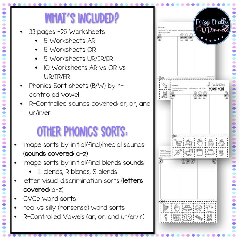 1st Grade R Controlled Vowel Sort Reading Worksheets Ar, Or, Ir/er/ur ...