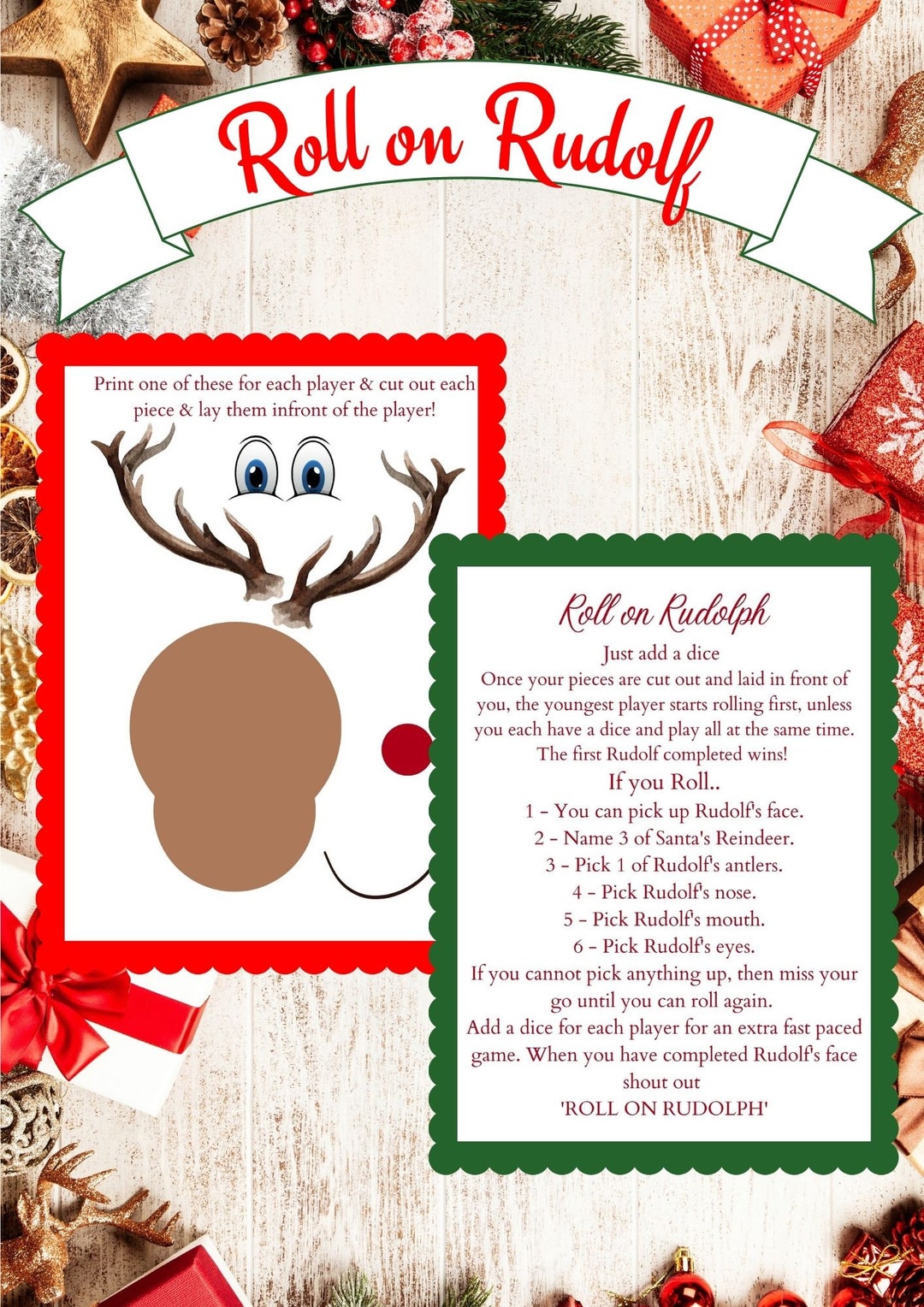 Printable Christmas Game. Roll on Rudolf. - Etsy