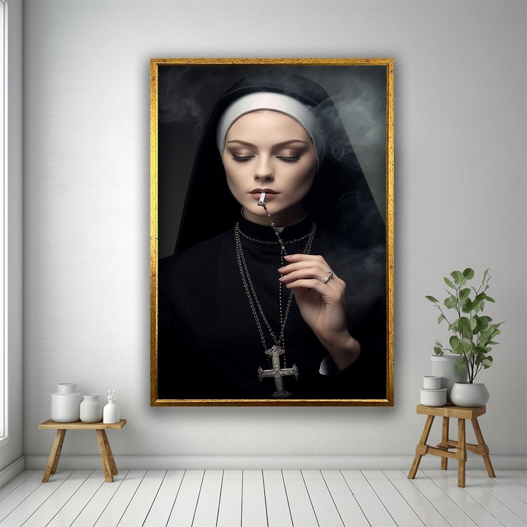 Smoking Nun Canvas Poster, Black and White Nun Wall Art, Nun in Smoke ...