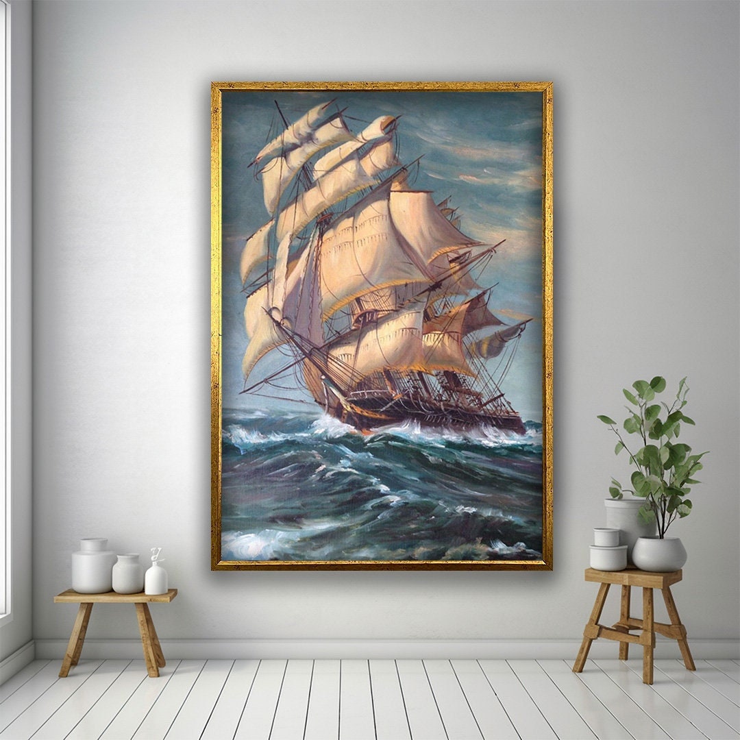 Pirate Ship Canvas Painting, Vintage Sailing Ship Canvas Art, Sea Storm ...