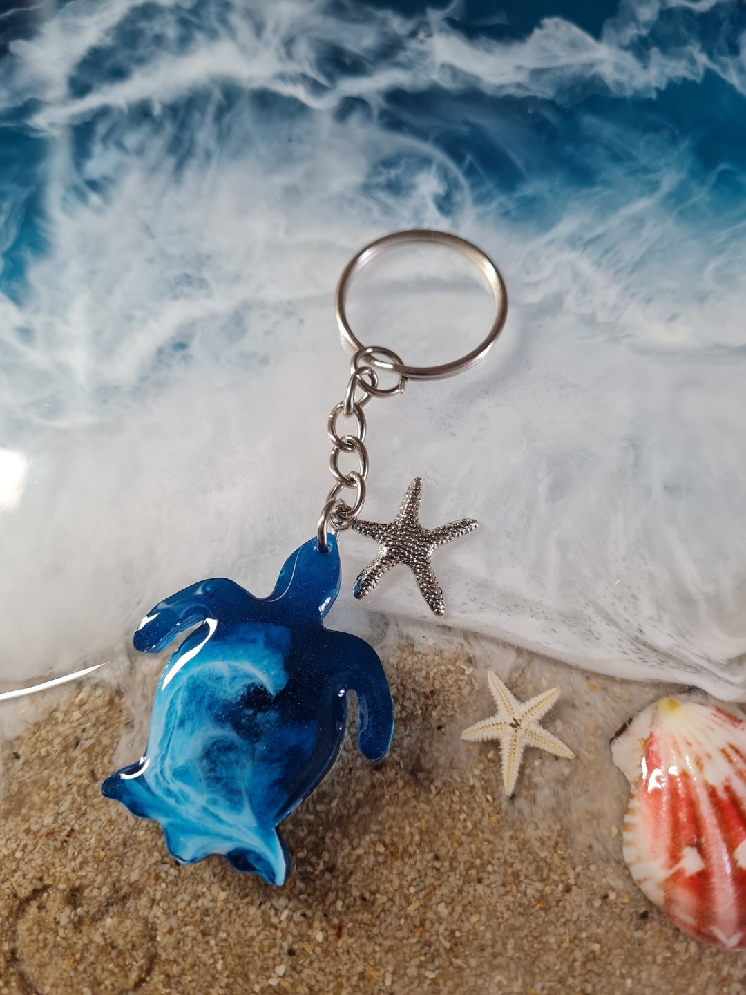 Turtle Key Ring, Ocean Design Flat Turtle Keyring, Ocean Scene Key Fob ...
